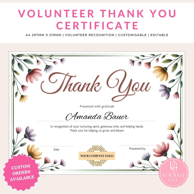 Volunteer Appreciation Certificate, Printable Award Template, Editable ...