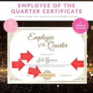 Employee of the Quarter Certificate Templates, Editable Award, Instant ...