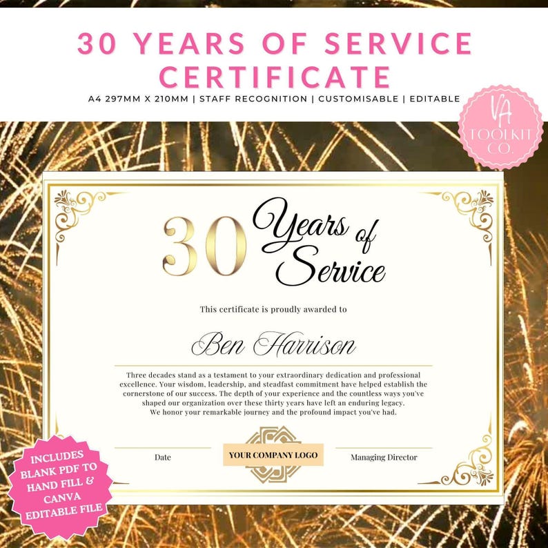 30 Years of Service Award Certificate - Employee Appreciation Gift ...