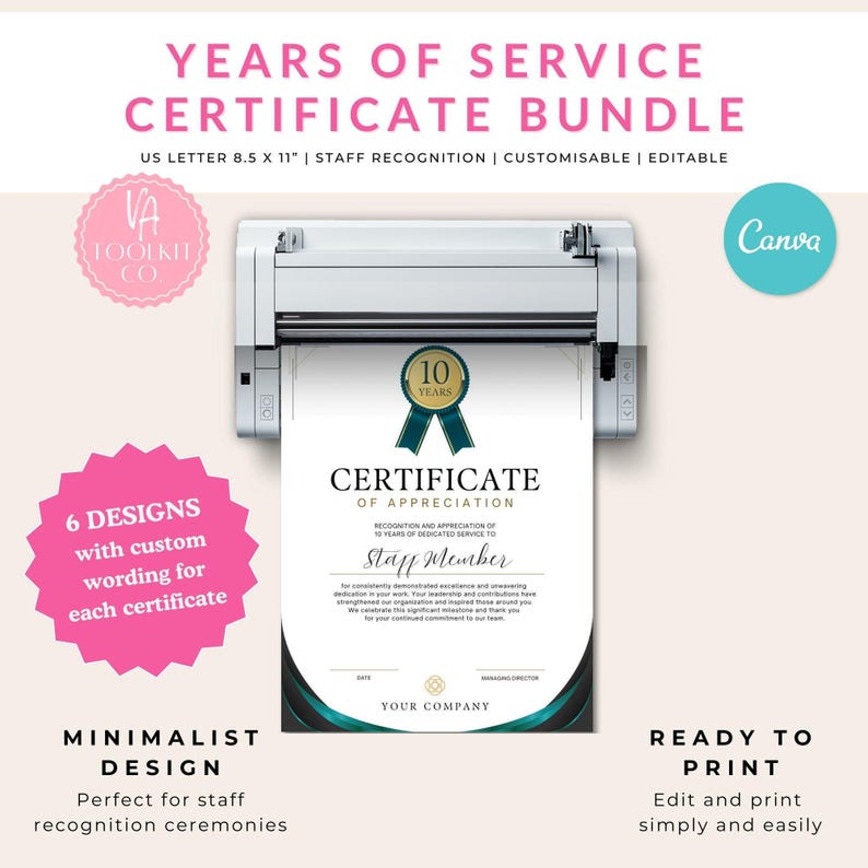 Editable 20 Years of Service Certificate - Employee Recognition Award ...