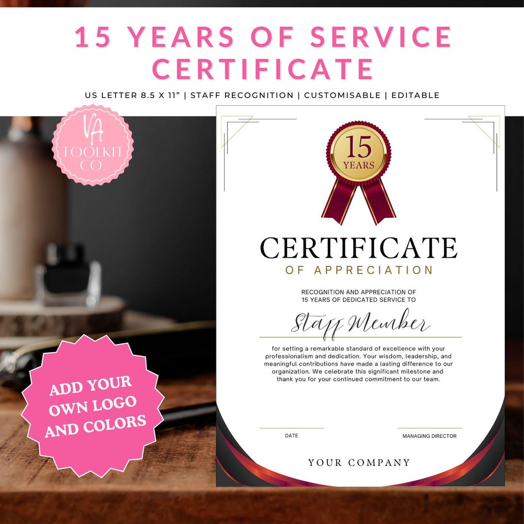 Editable 15 Years of Service Certificate - Employee Recognition Award ...