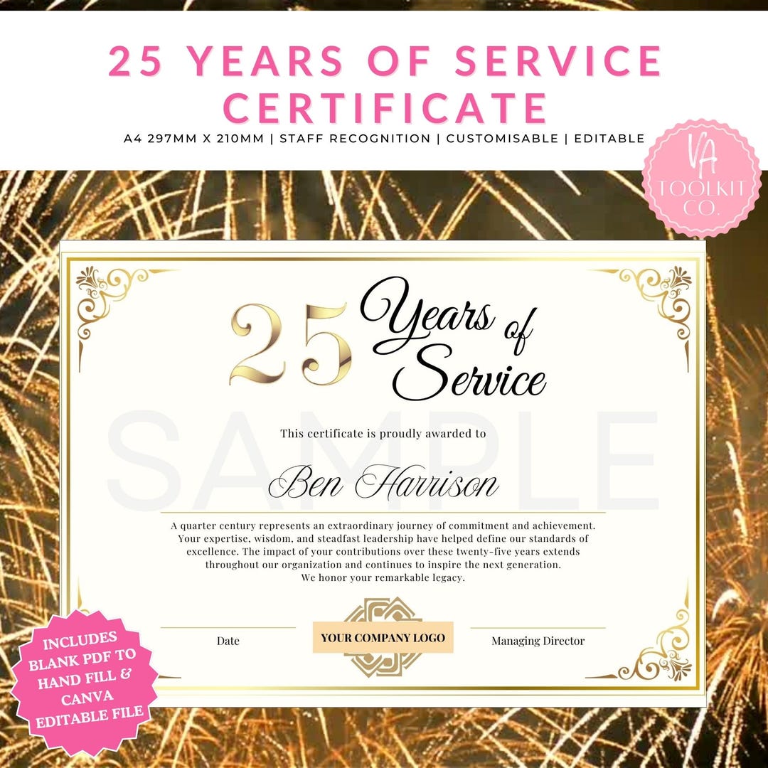 25 Years of Service Award Certificate - Employee Appreciation Gift ...