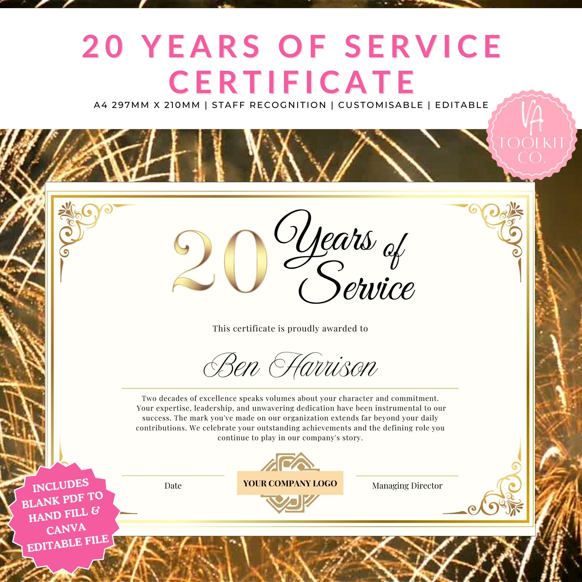 20 Years of Service Award Certificate - Employee Appreciation Gift ...