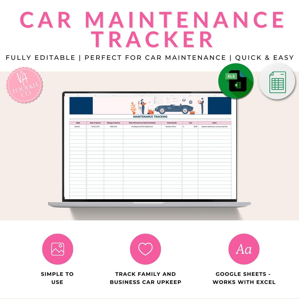 Car Maintenance Tracker Spreadsheet | Google Sheets & Excel | Vehicle ...