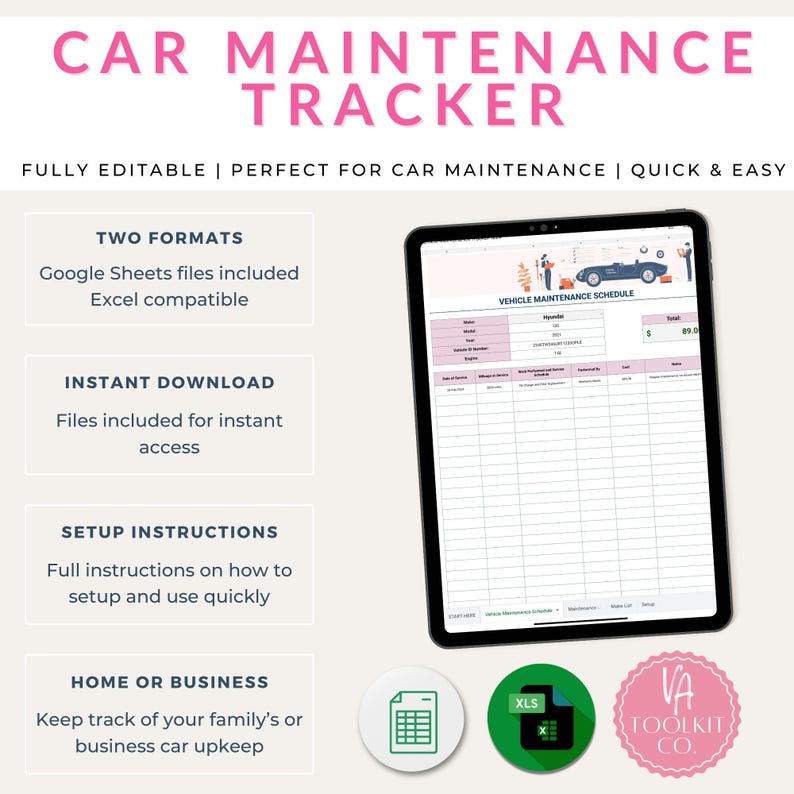 Car Maintenance Tracker Spreadsheet | Google Sheets & Excel | Vehicle ...