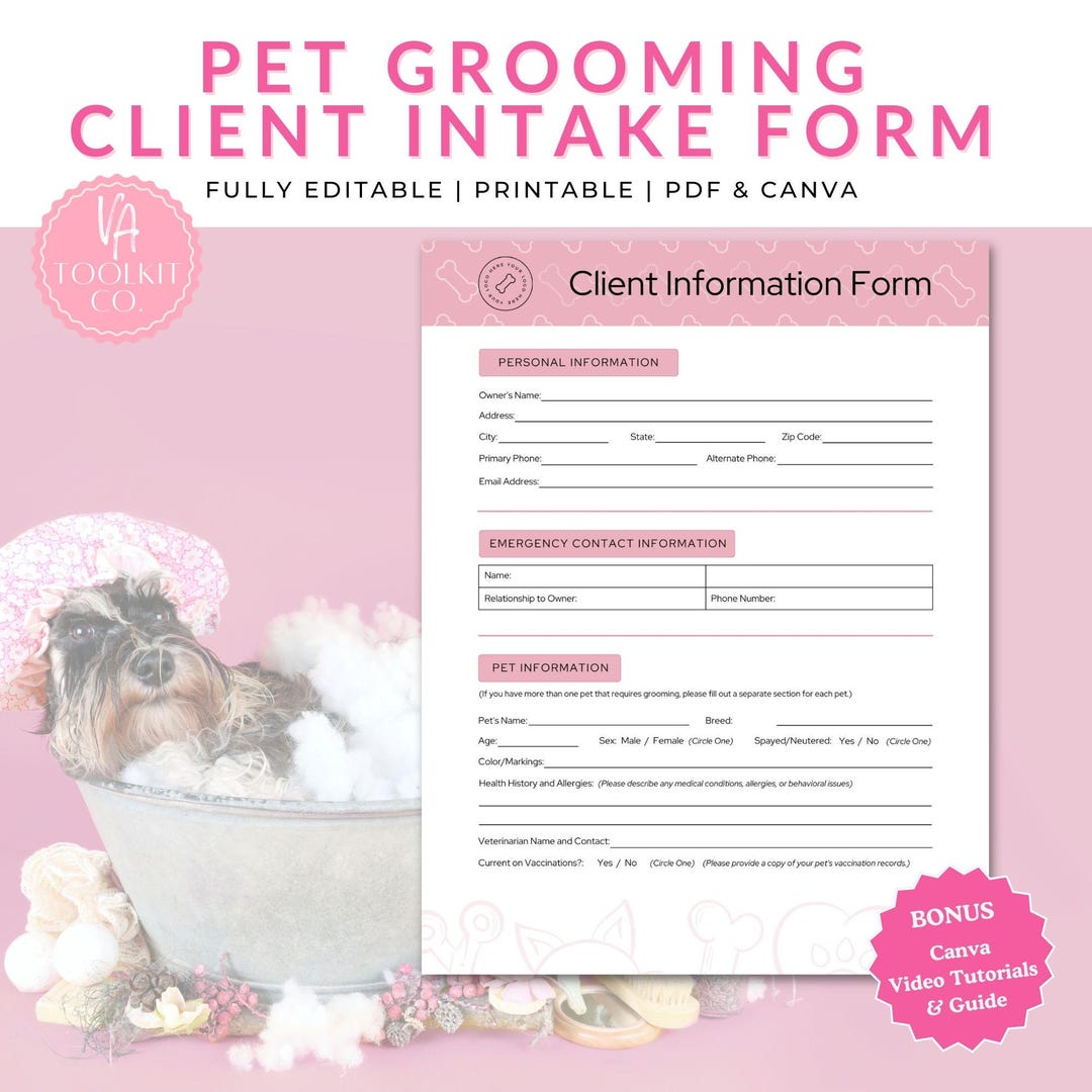 Dog Grooming Client Forms - Editable Pet Stylist Intake Form - Consent ...