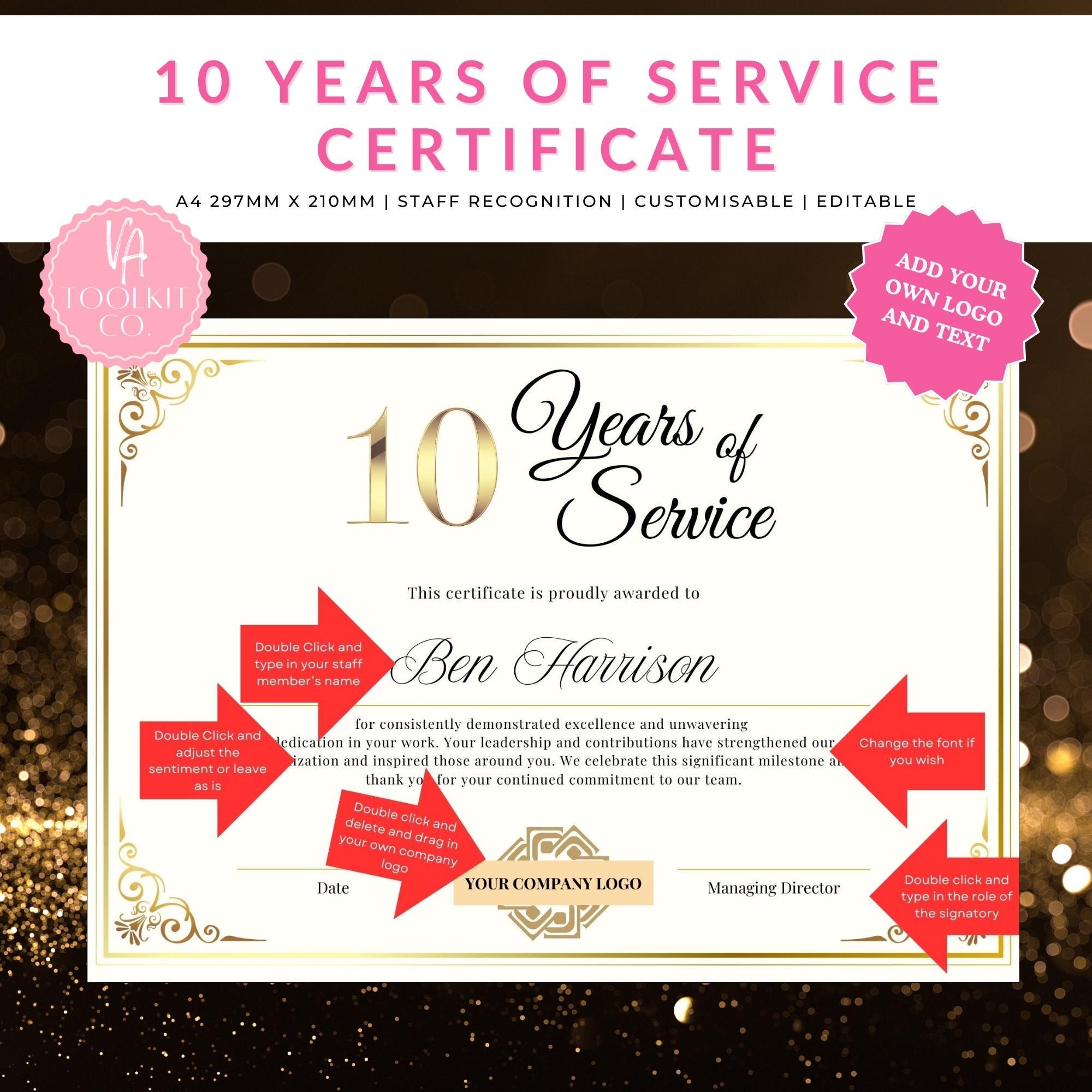 10 Years of Service Award Certificate - Employee Appreciation Gift ...