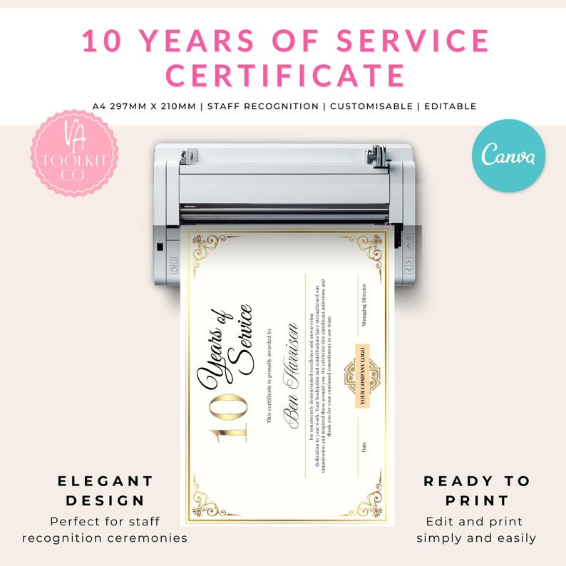 10 Years of Service Award Certificate - Employee Appreciation Gift ...