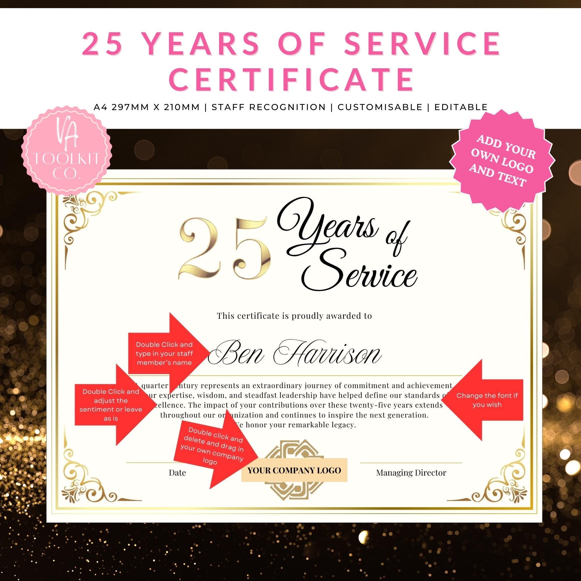 25 Years of Service Award Certificate - Employee Appreciation Gift ...
