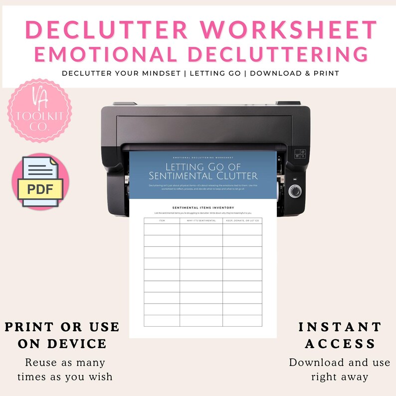 Emotional Decluttering Worksheet, Sentimental Items Letting Go Guide ...