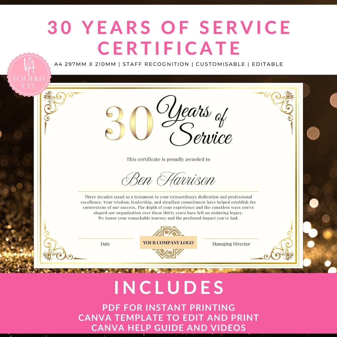 30 Years of Service Award Certificate - Employee Appreciation Gift ...