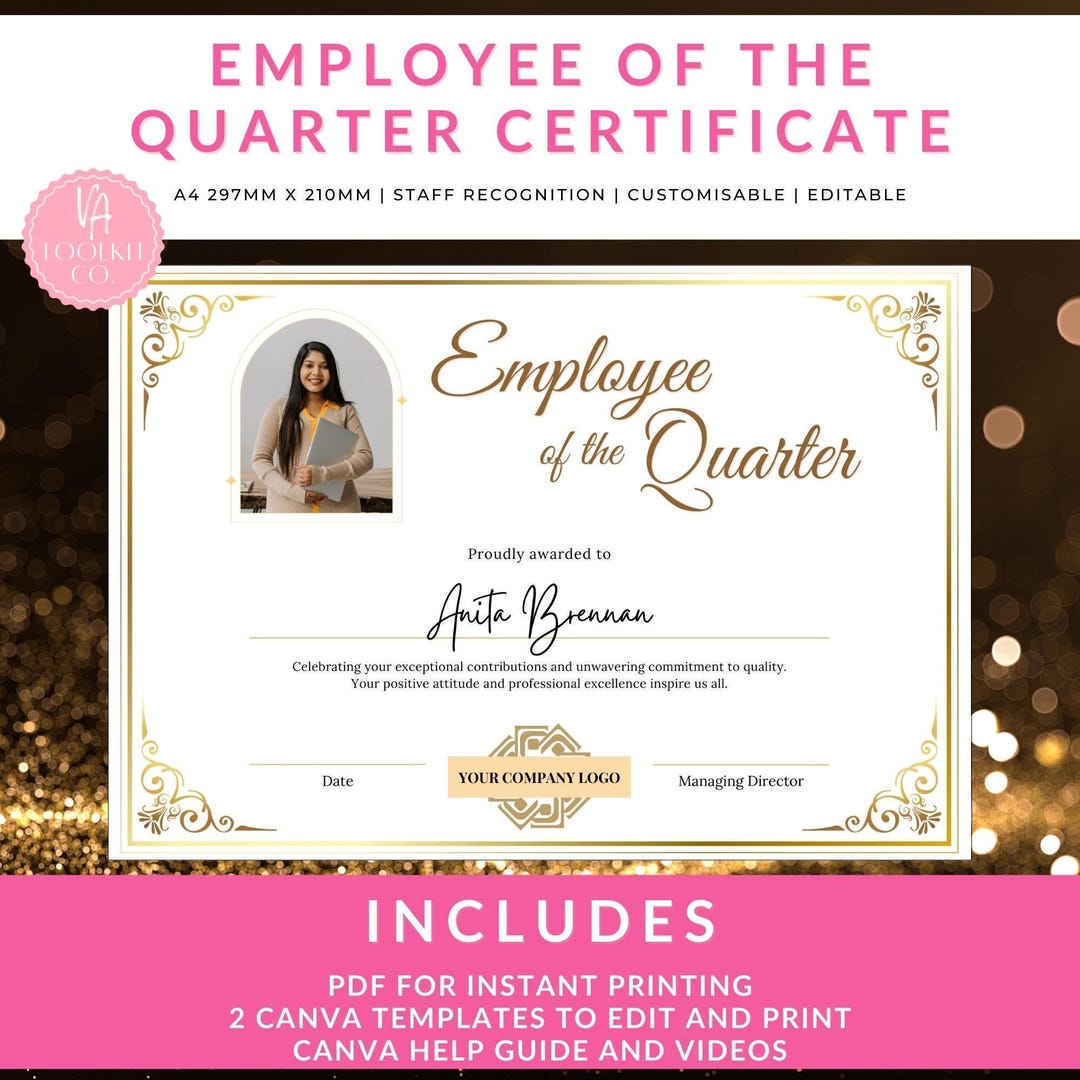 Employee of the Quarter Certificate Templates, Editable Award, Instant ...