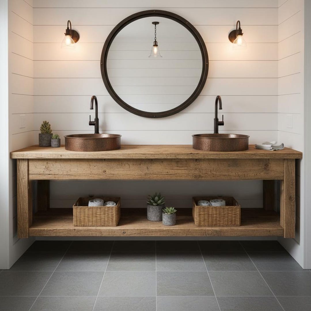 Rustic Solid Wood Floating Bathroom vanity | Handmade Farmhouse Sink ...