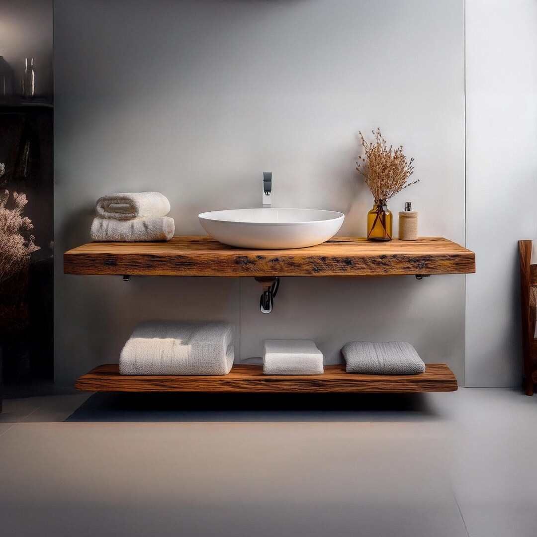 Rustic Handmade Custom Wooden Double Shelf Floating Bathroom Vanity Old ...