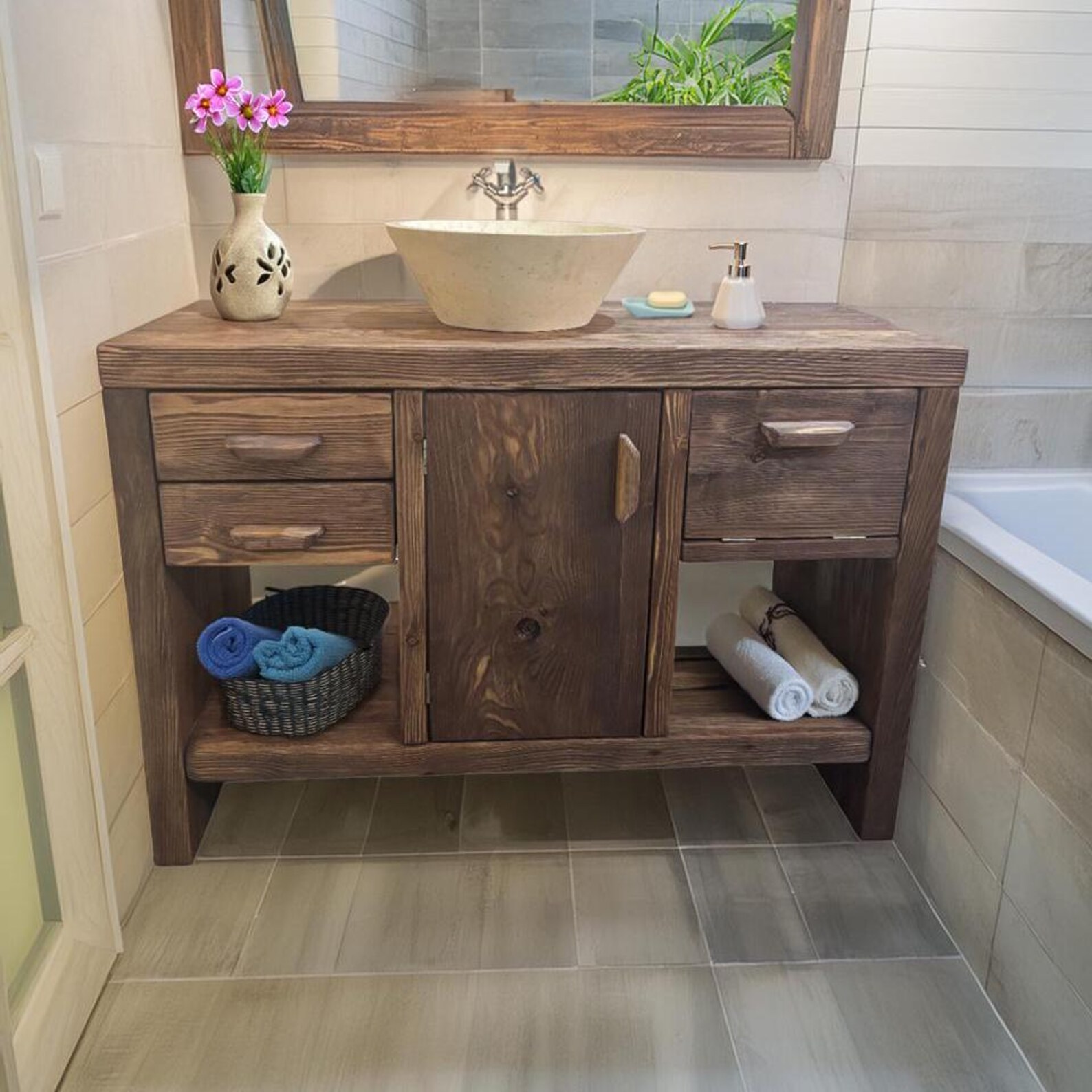 Rustic Handmade Custom Size Wooden Bathroom Vanity Cabinet Old Style