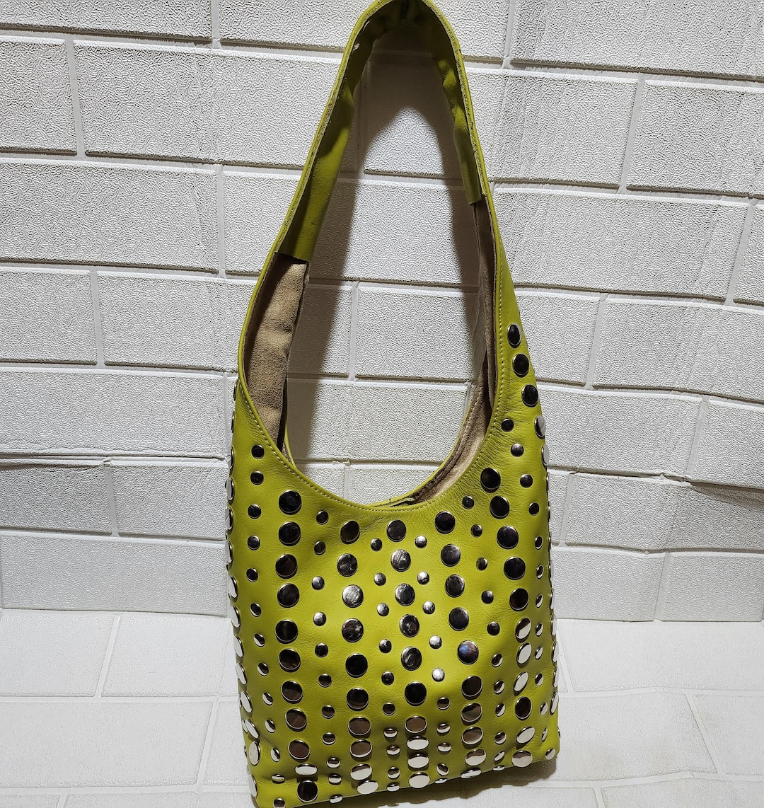 Moroccan Leather Tote – Pistachio Green Studded Shoulder Bag | Handmade ...