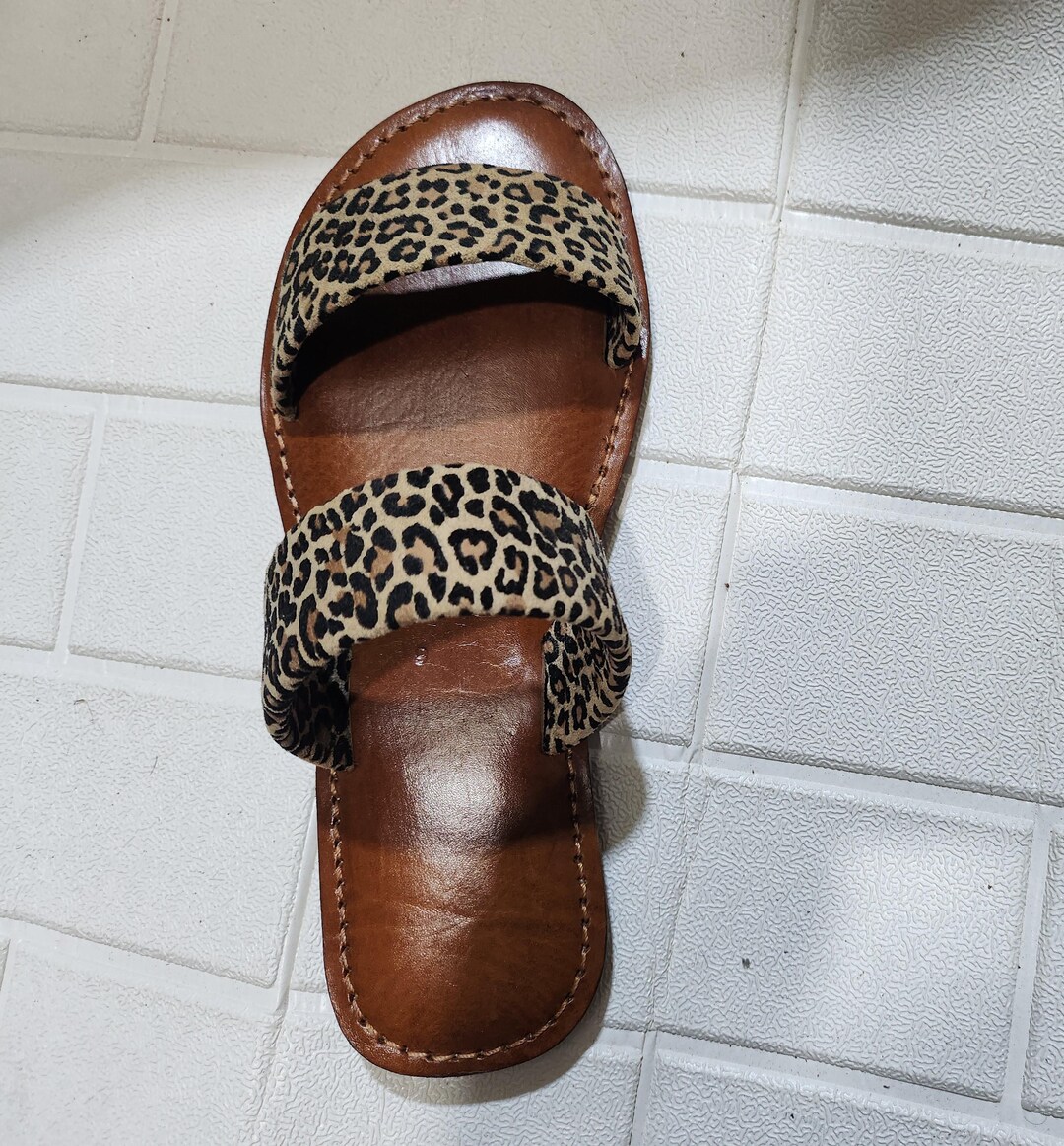 Handmade Moroccan Leather Sandals - Leopard Print Strap Sandals - Flat ...