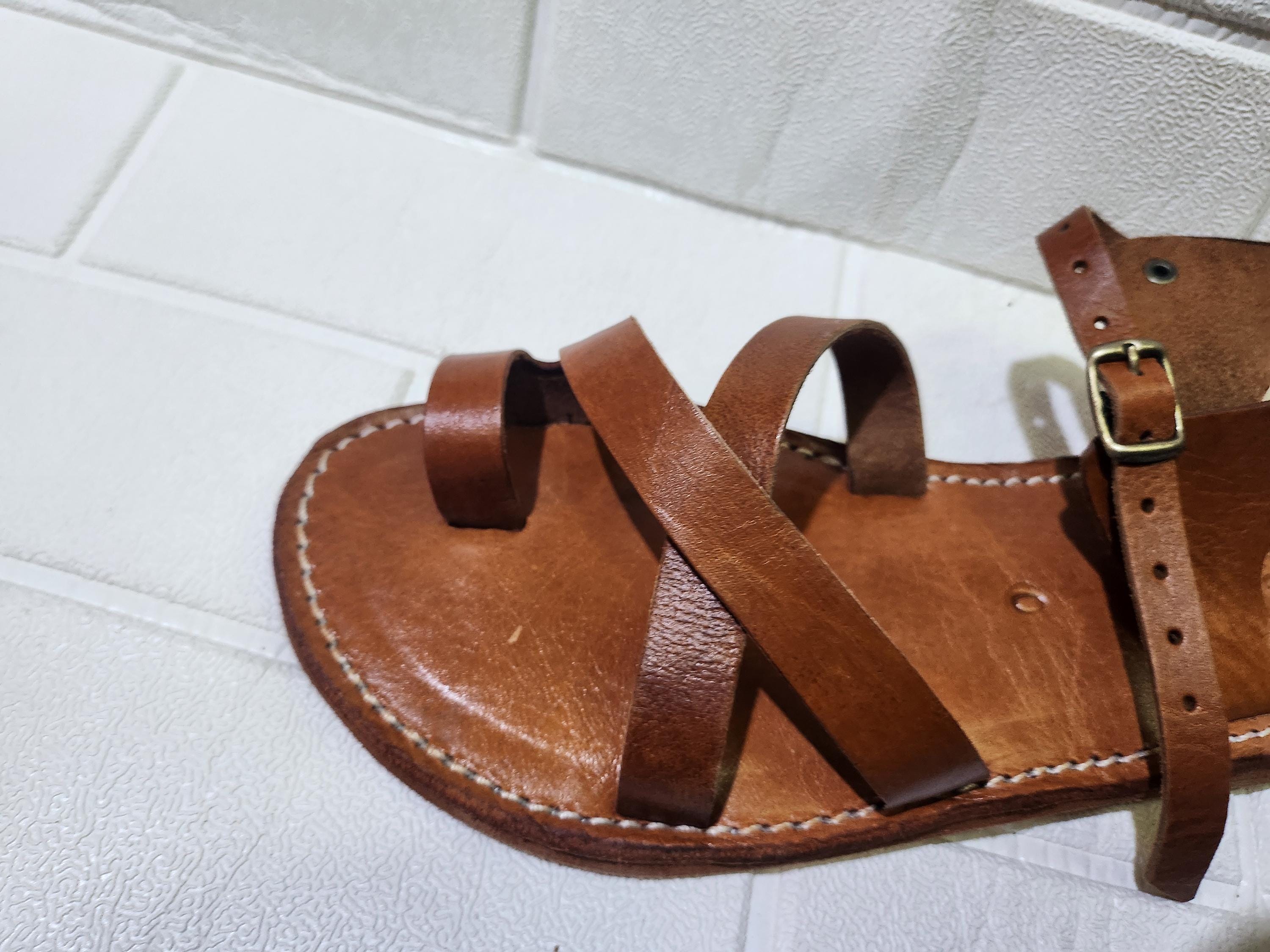 Handmade Moroccan Leather Sandals for Women – Brown Toe Loop Flat ...