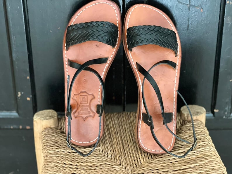 Black Braided Moroccan Leather Sandals – Handmade Flat Straps – Custom ...
