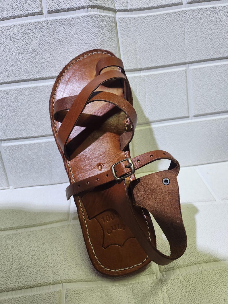 Handmade Moroccan Leather Sandals for Women – Brown Toe Loop Flat ...