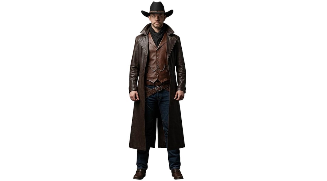 Men’s Cowboy Leather Trench Coat | Western Duster Long Jacket | Brown ...