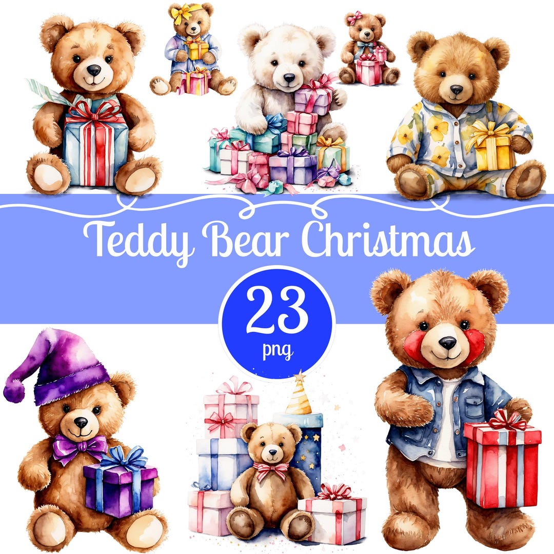 Teddy Bear Christmas Clipart – 23 Watercolor PNG Graphics (digital ...