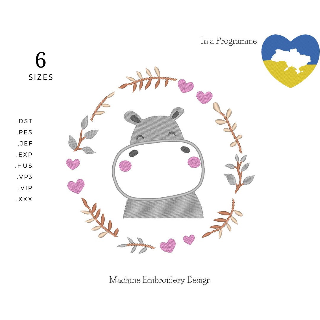 Hippo Machine Embroidery Design - Branch-adorned Hippo Applique ...