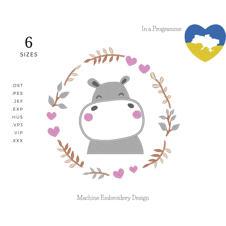 Hippo Machine Embroidery Design - Branch-adorned Hippo Applique ...