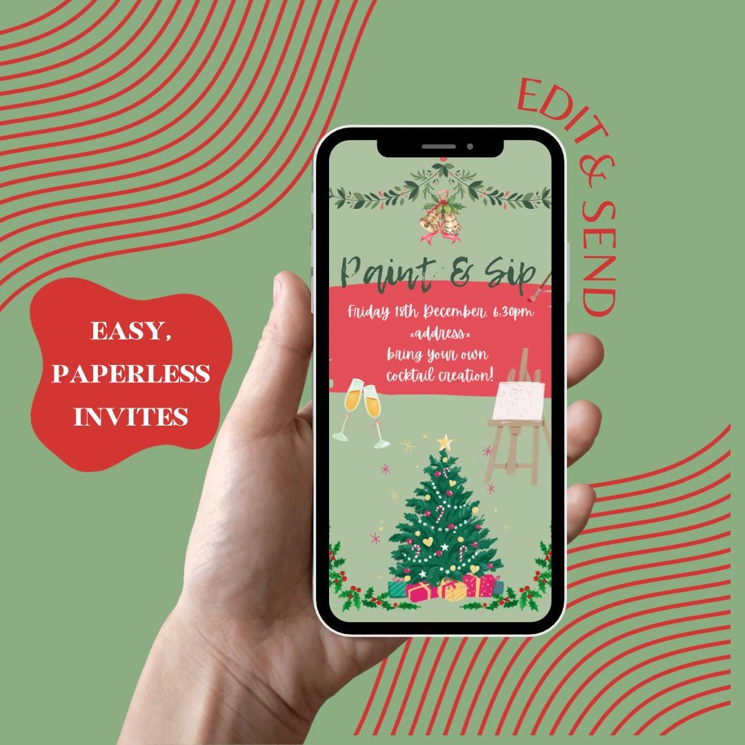 Paint and Sip Evite, Digital Invitation, Christmas, Xmas Party, Invite ...