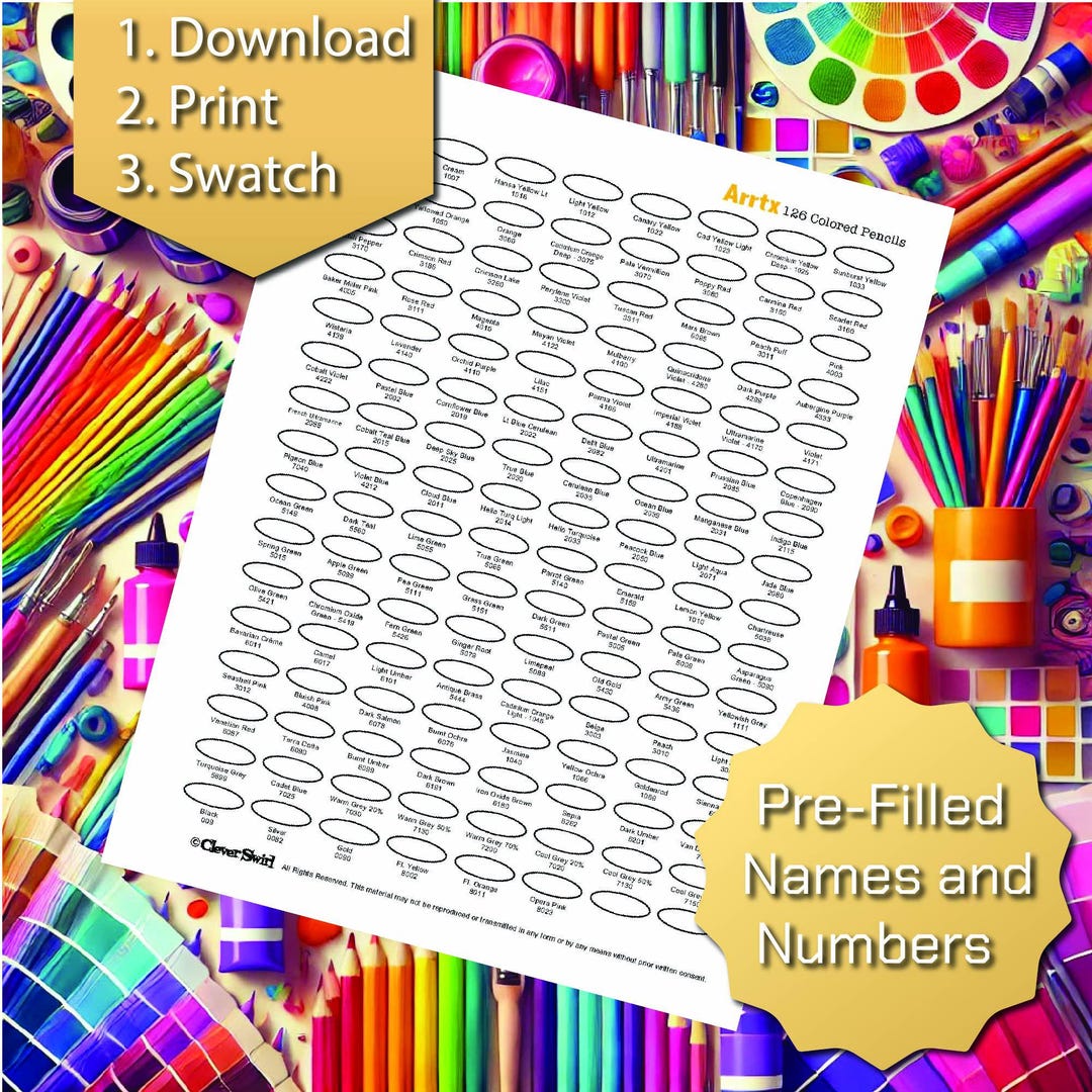 Arrtx 126 Pencil Swatch Chart | Pre-filled Color Names (instant ...