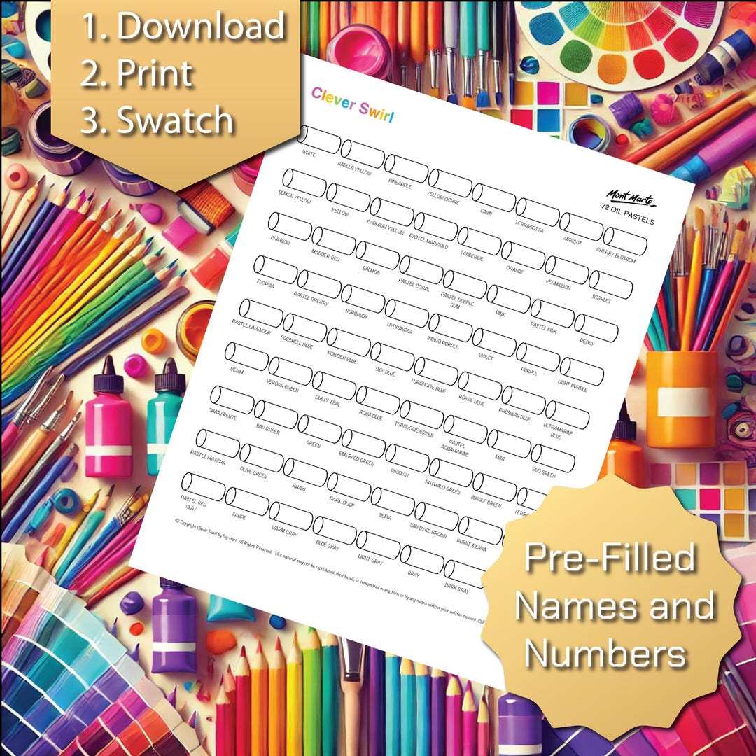 Mont Marte Oil Pastels 72 Swatch Chart | Instant Download PDF | Pre ...