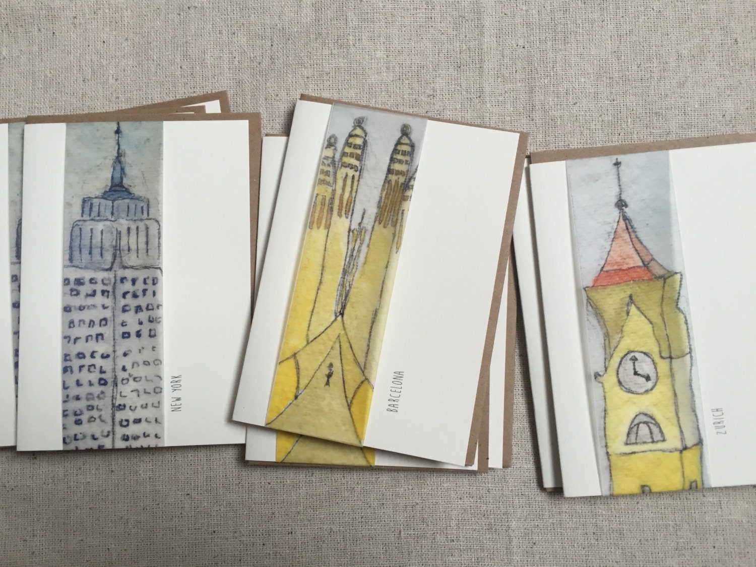 Set of Five Watercolor City Landmark Blank Greeting Cards Including New ...