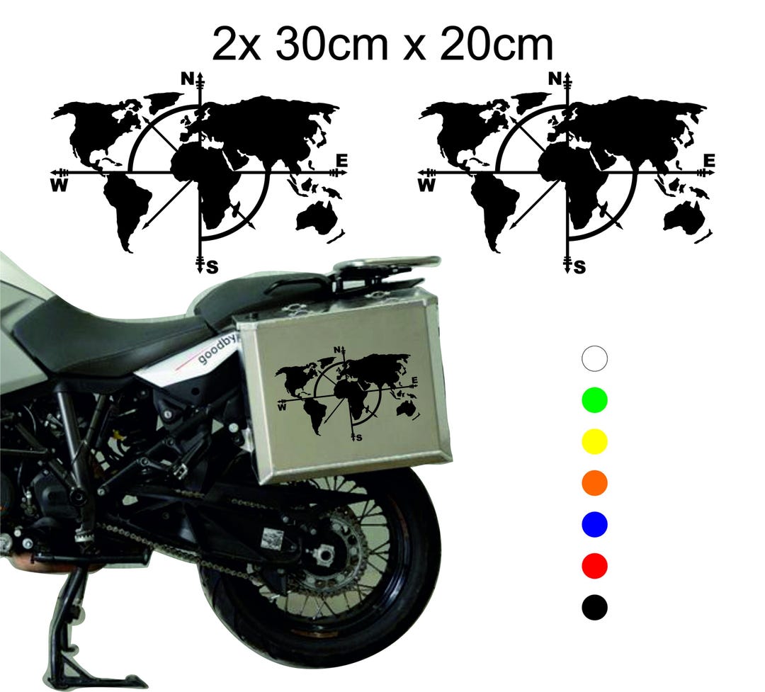 World Map Sticker for Motorcycle Trunk I Motorcycle Trunk I Compass ...
