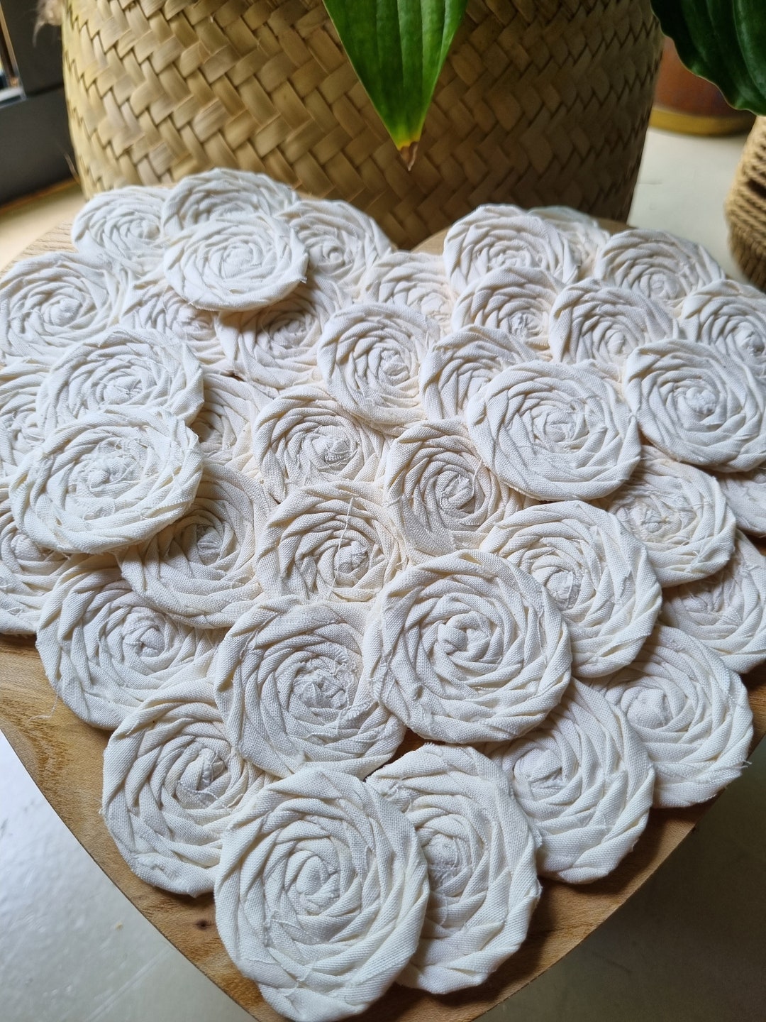 10 Rolled Fabric Rosettes Handmade Cream Scrapbook Embellishment Quilt ...
