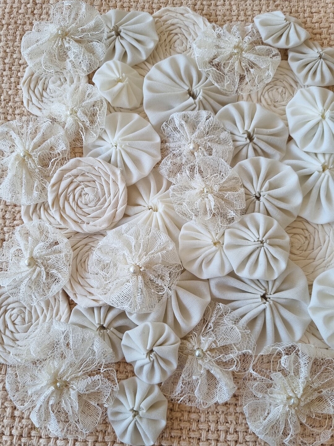 Fabric Yoyo Rosette Suffolk Puff Mix Vintage Lace Soft Cream off White ...