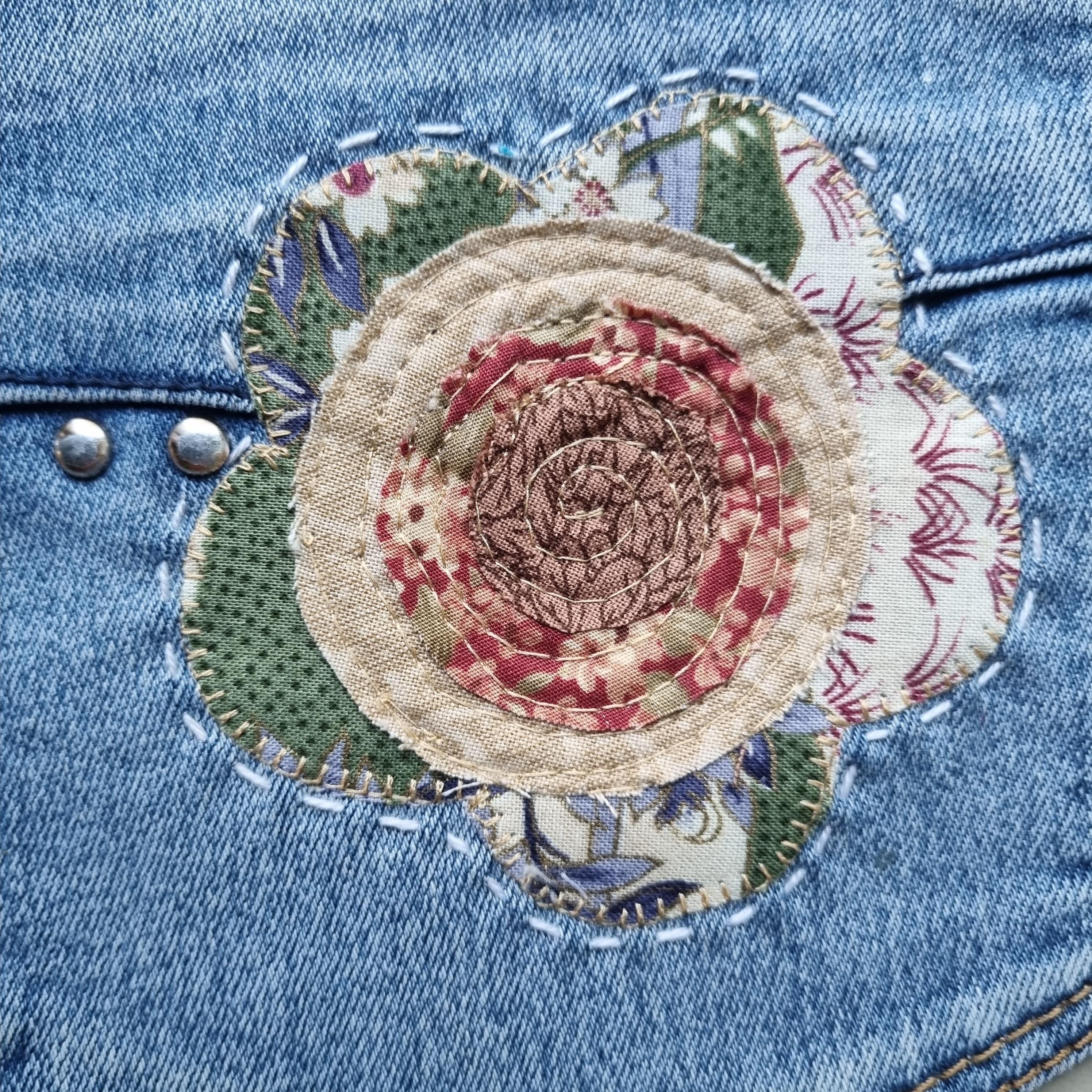 Upcycled Denim Pocket Applique Floral Boho Hippie Patches Hand Stitched ...
