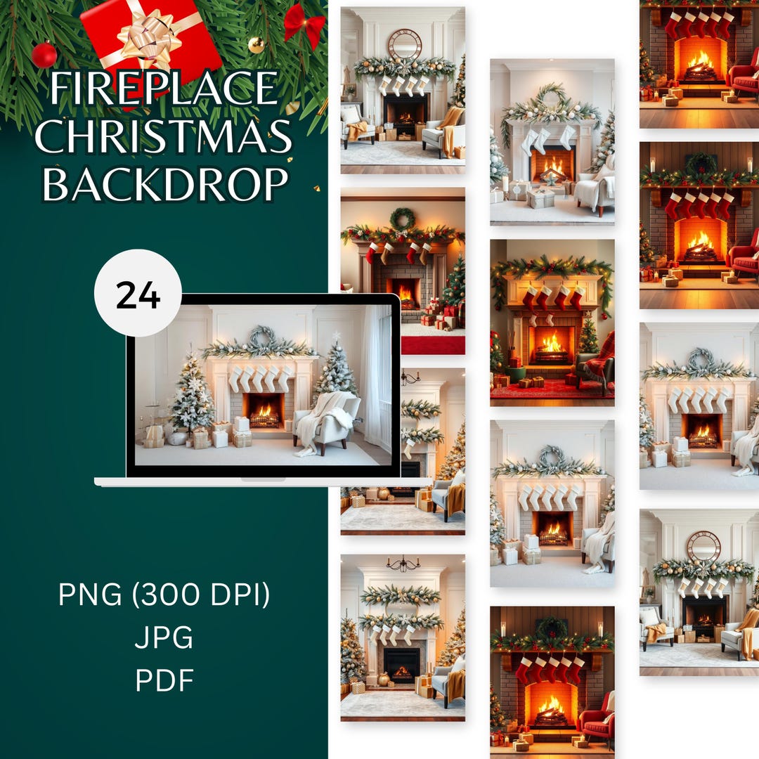 Christmas Fireplace Digital Backdrop – Holiday Photo Overlay (JPG, PNG ...