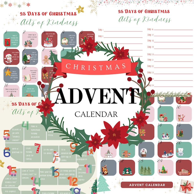 Printable Christmas Advent Calendar, 25 Days of Kindness Calendar ...