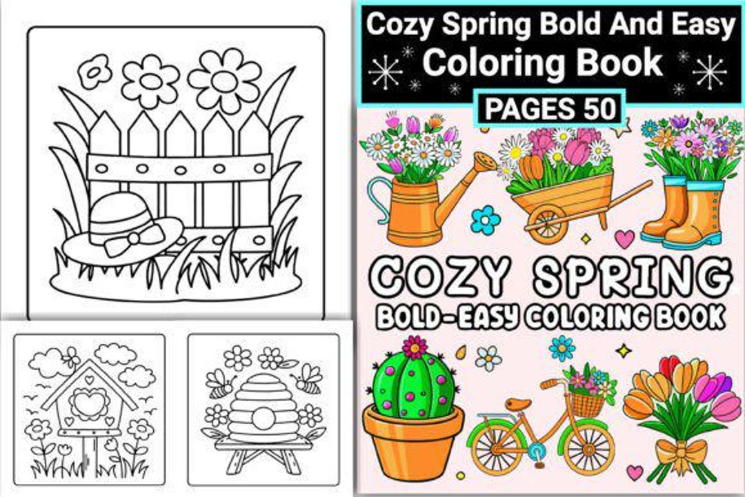 Cozy Spring Coloring Book | Bold Easy Floral Pages (digital Download ...