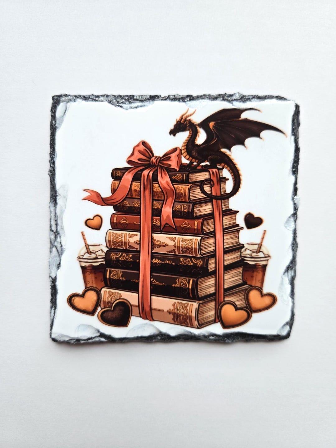 Natural Slate Coaster - Stack of Books - Bookworm Gift - Glossy Finish ...