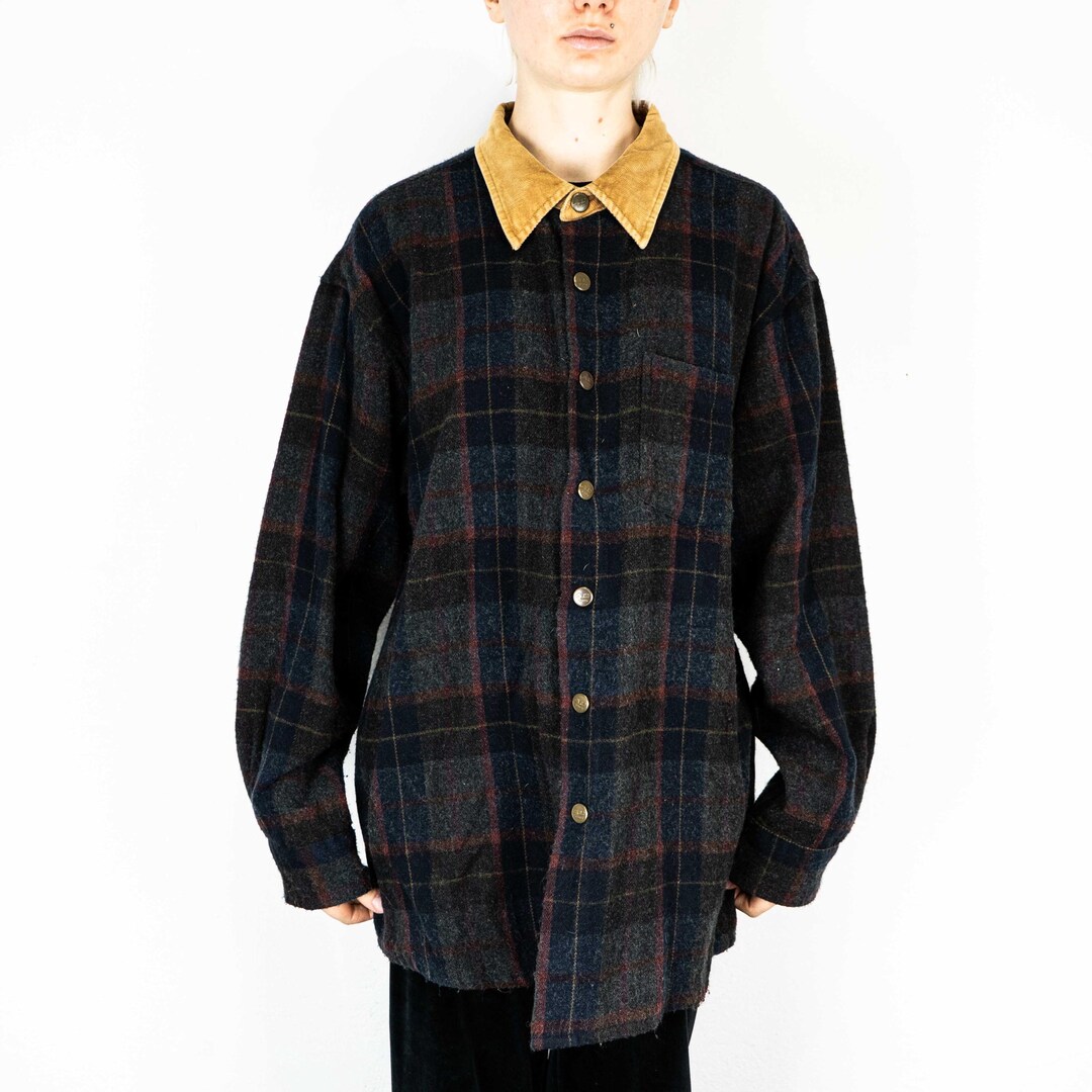 Insulated Thick Plaid Shirt With Corduroy Collar Size M-L, Warm ...