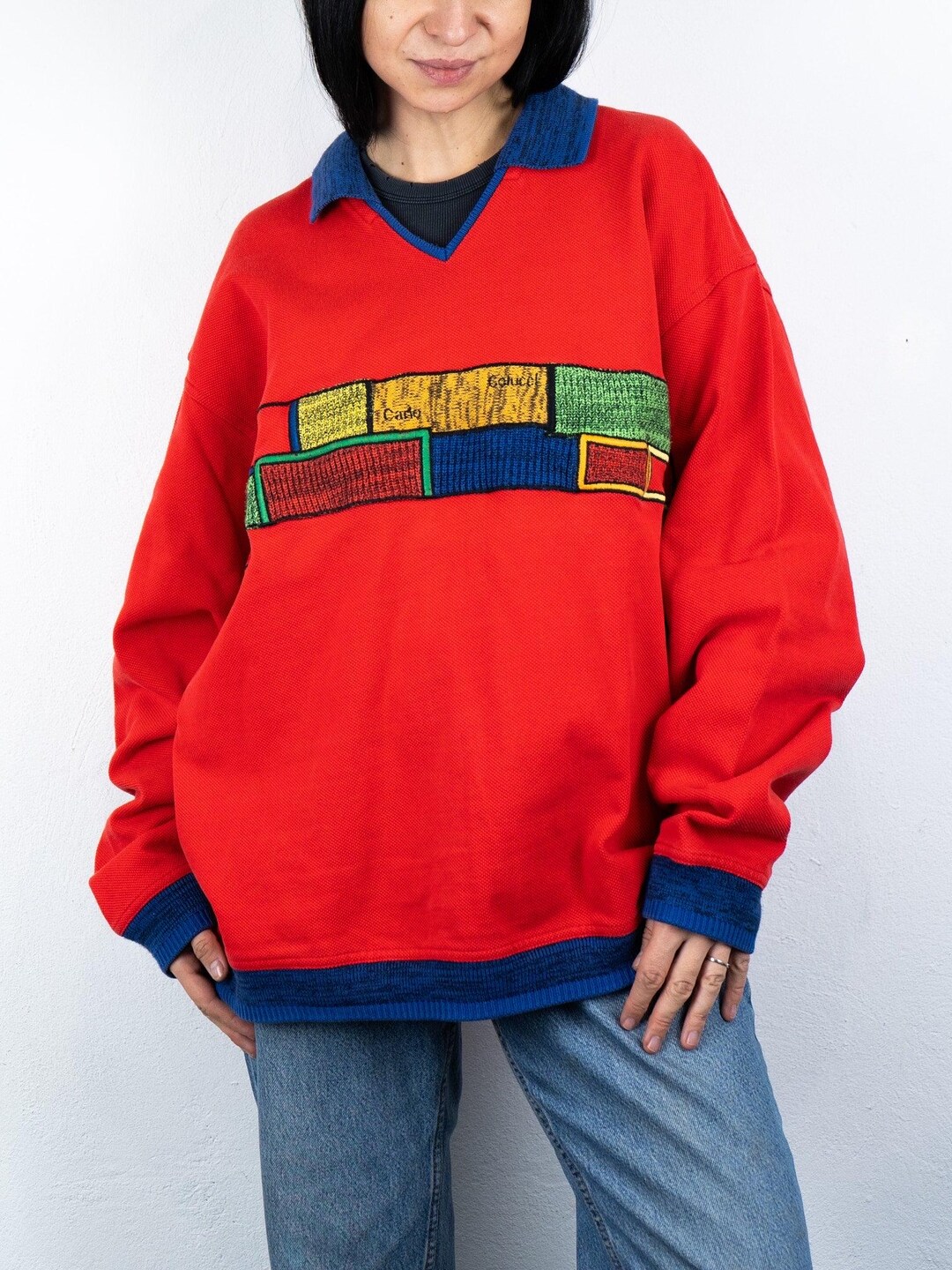 Retro Red Sweater Oversize Bold 90s Vintage Style Sweatshirt Unisex M-L ...