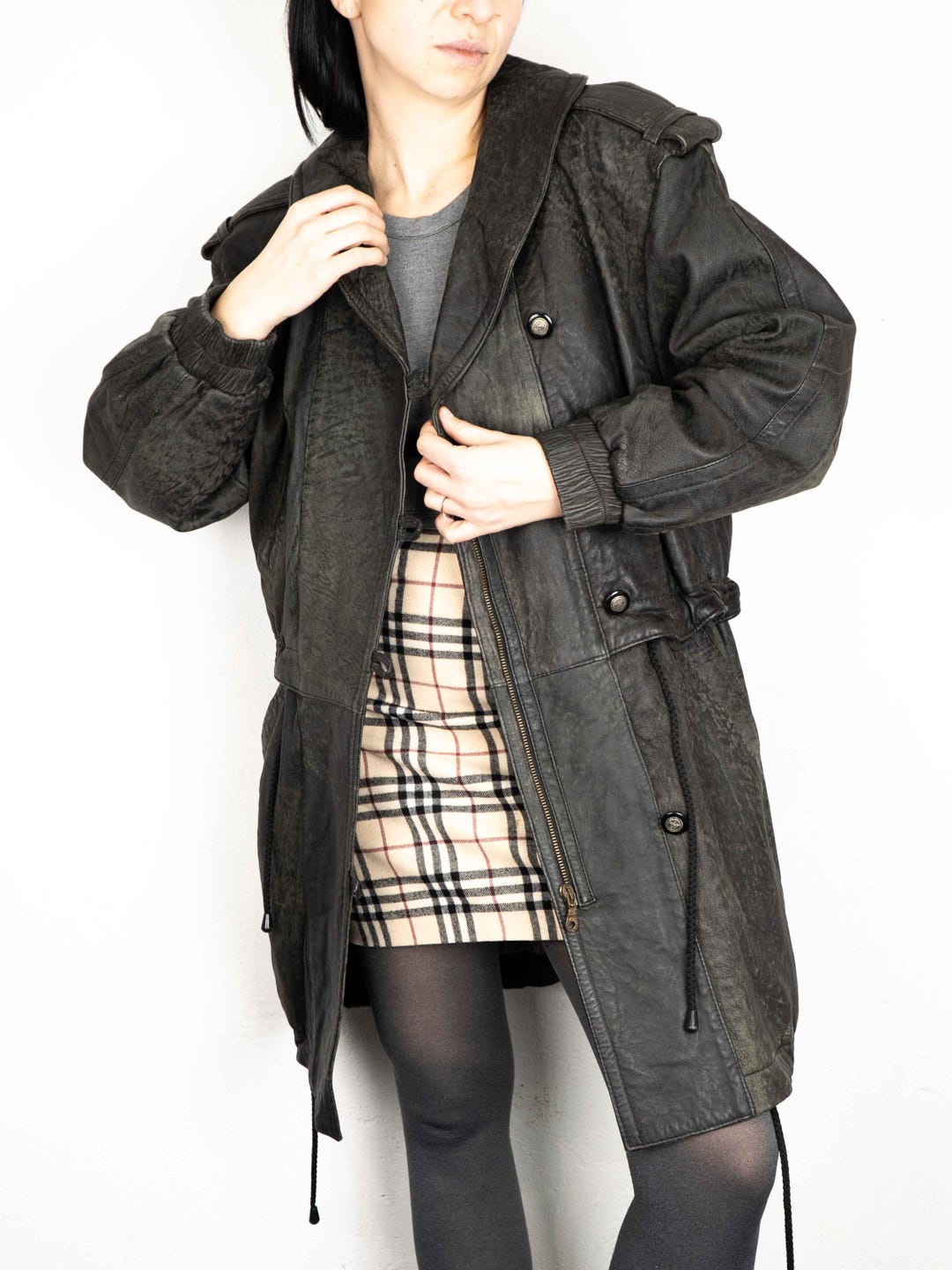 Vintage Long Leather Gray Parka Jacket Bär Unisex, 100% Leather, Size L ...