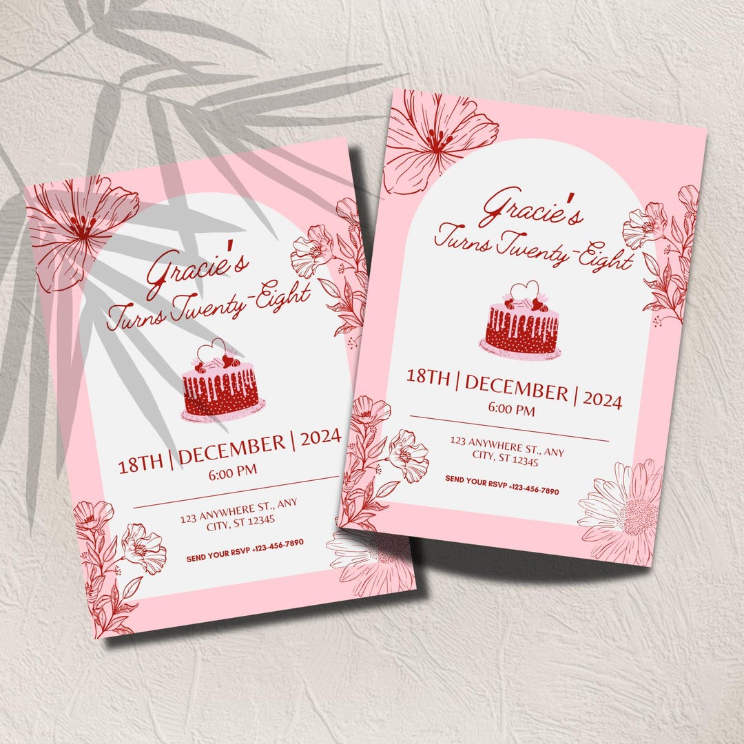 28th Birthday Invitation Template, Floral Design Invites, Editable 28th ...