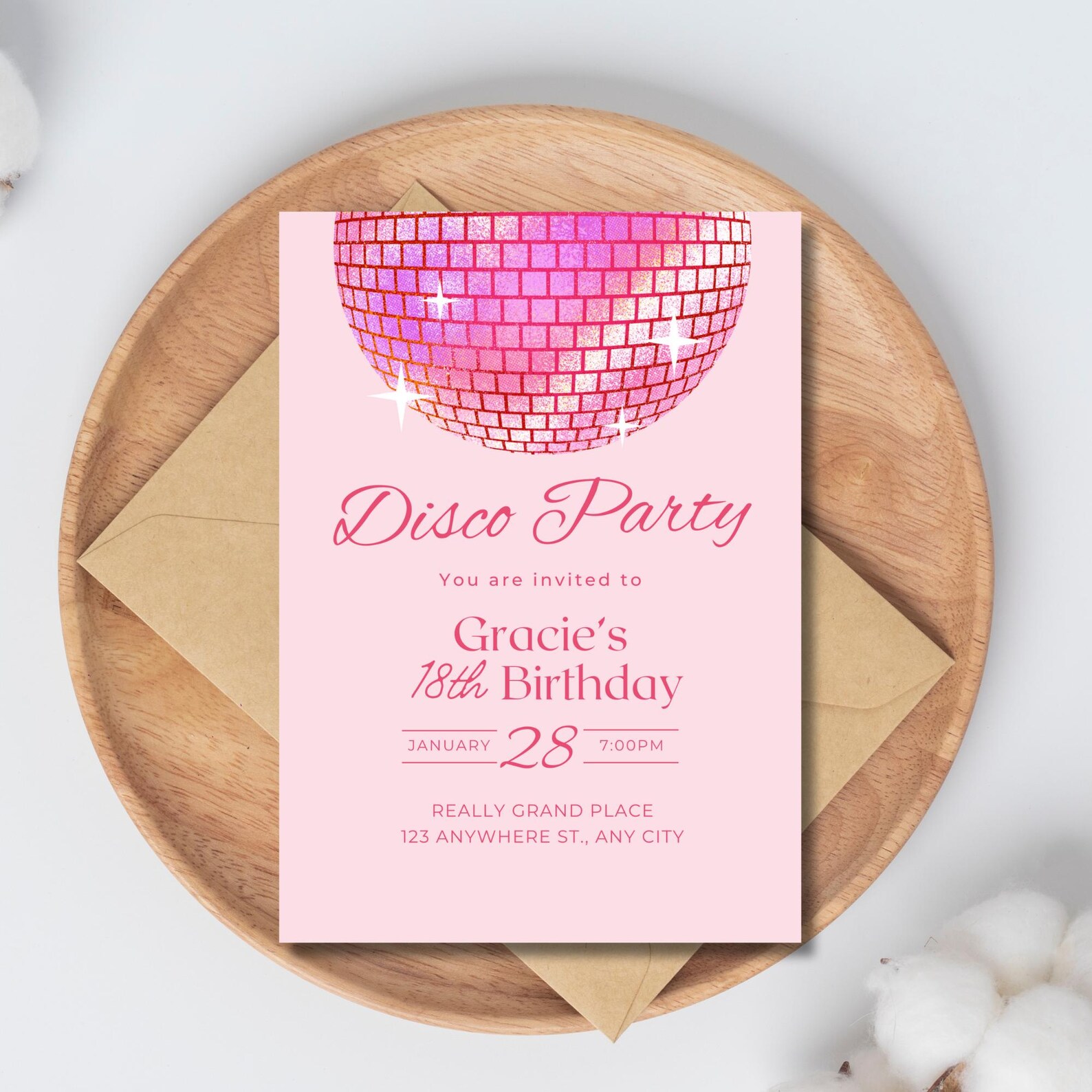 Disco Party Birthday Invitation Teen Girl Party Invite, Coquette Pink ...