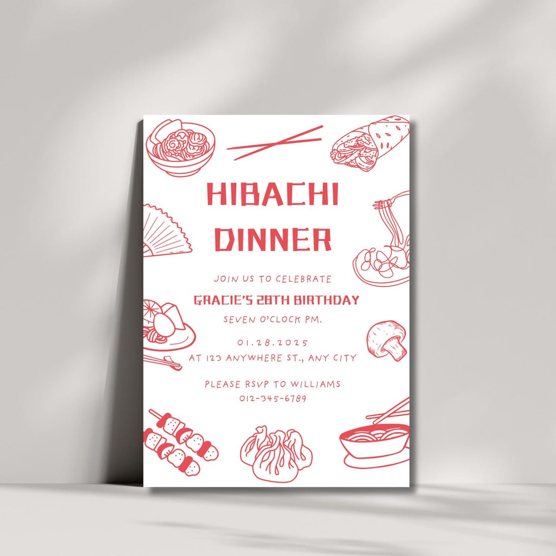 Red Hibachi Dinner Party Invites, Digital Template Invitation Birthday ...