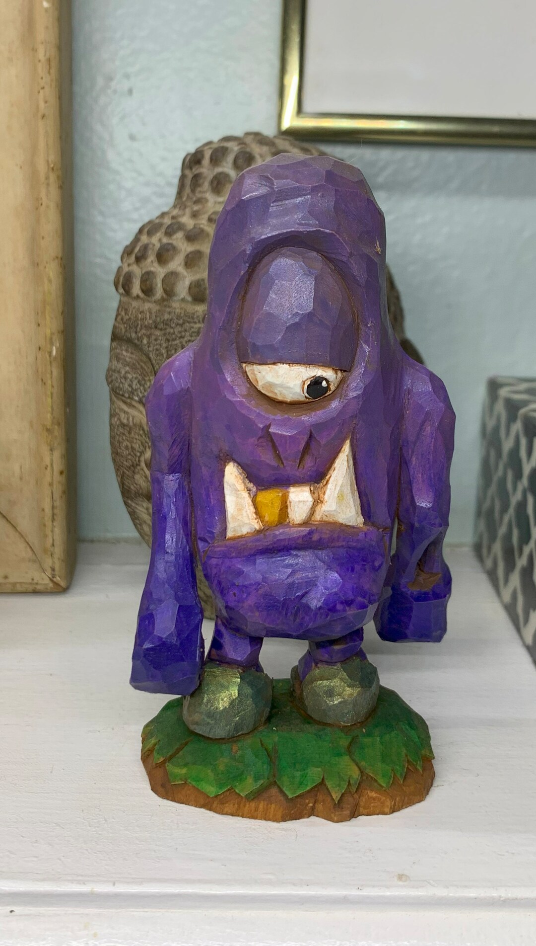 Purple One Eye Monster With Sparkly Green Slippers and a Gold Tooth, on ...