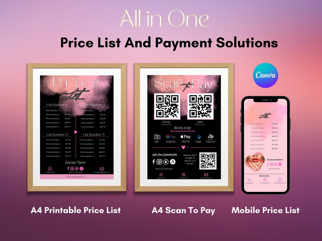 Pink and Black Price List Template, DIY Editable Pricing Flyer, Scan to ...