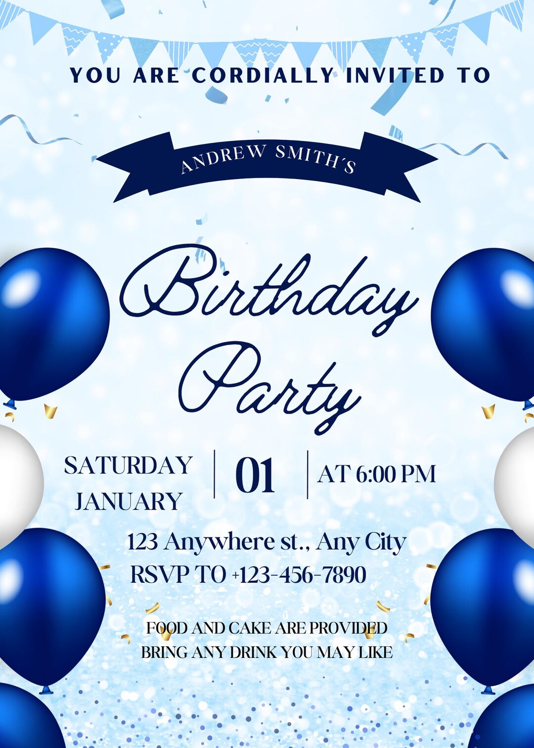 Blue Balloon Birthday Invitation Template, Invitation, Invite, Blue ...