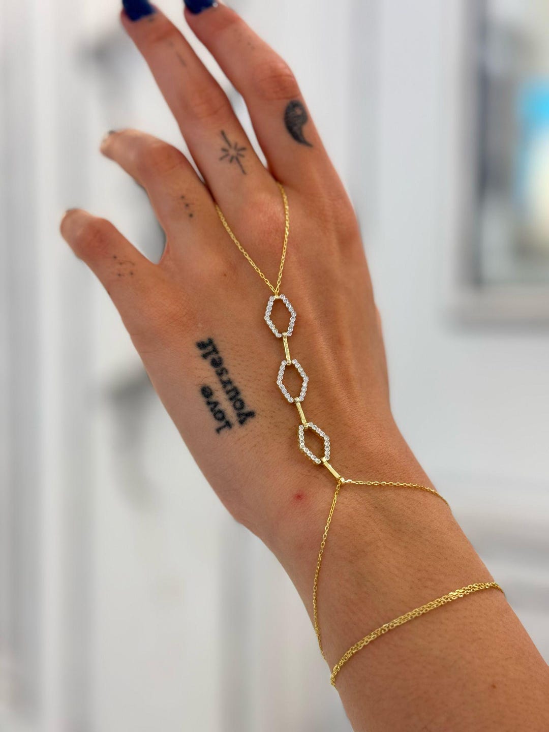 Dainty Gold Hand Chain Bracelet, Hexagon Stone Hand Chain, Minimalist Slave Bracelet, Zircon ...